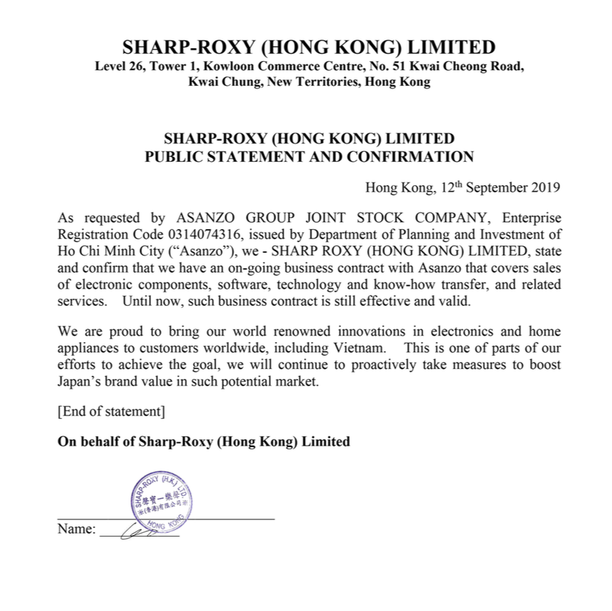 Sharp tuyên bố văn bản mà Asanzo dùng để minh oan là giả mạo, sẽ tiến hành khởi kiện