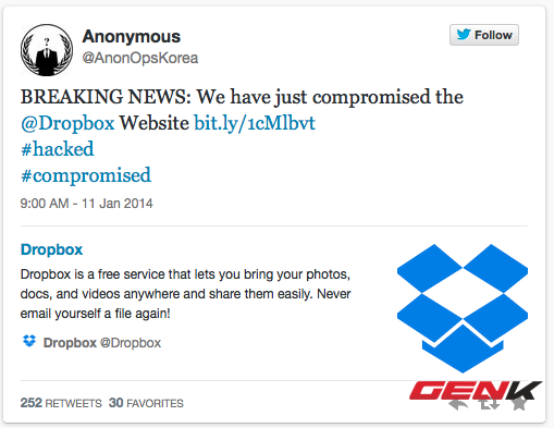 Dropbox bất ngờ bị nhóm hacker nổi tiếng Anonymous tấn công