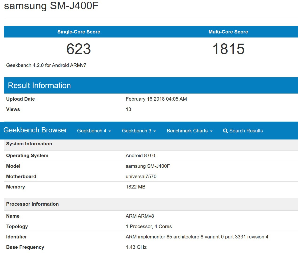 Rò rỉ cấu hình Galaxy J4 trong kết quả benchmark